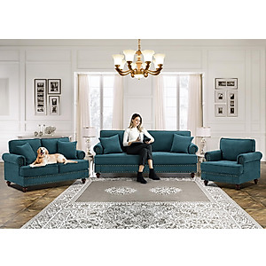 JEEOHEY 3 Piece Living Room Furniture Sets,Comfy Upholstered Sofa Couch Set,Including Armchair&Loveseat&3 Seater Sofa,Modern Deep Seat juegos de muebles de sala with Rolled Arms & Nailhead Trim(Green)