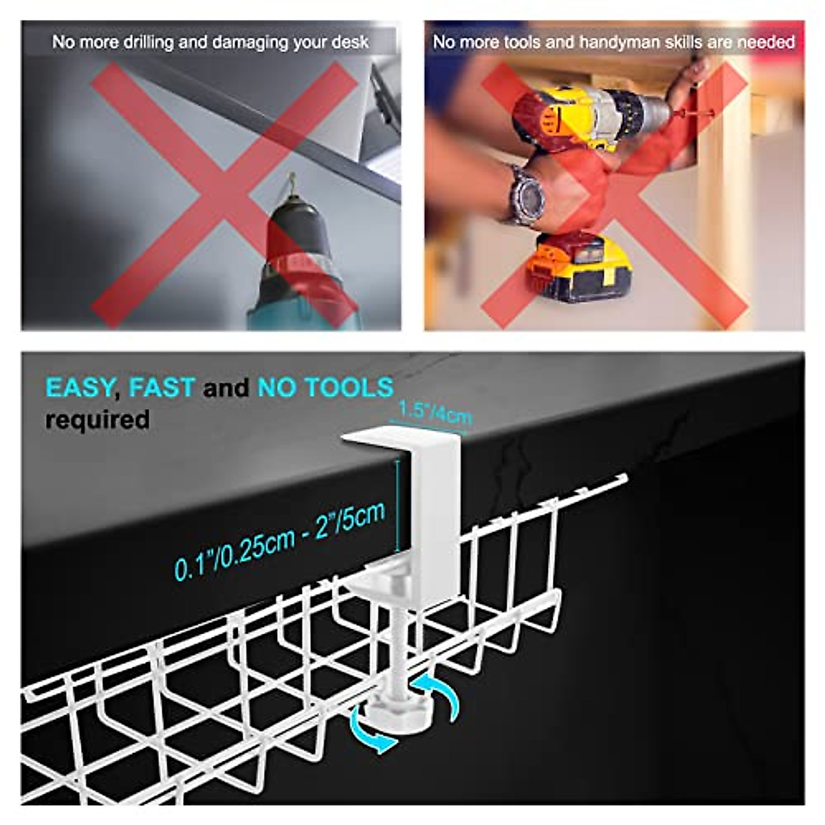 MANA'O Clamp-On Cable Management Tray Kit. Under Desk Storage Cord Organizer with Clamp! and Accessories - Cable Clips, Strips of Fastening Tape