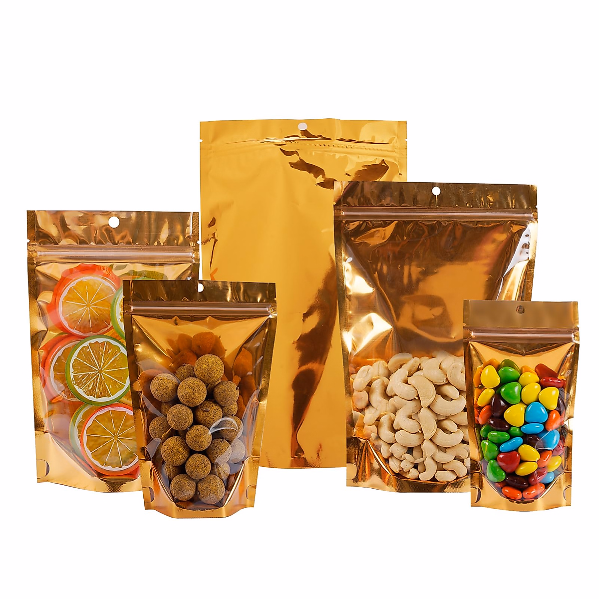 100 Pack Mylar Bags for Food Storage Resealable Aluminum Foil Stand Up Pouch with Window & Hang Hole 3.94×7.08 Inch Reusable Zipper Lock Food Packaging Heat Seal Bags for Small Business & Home - Gold