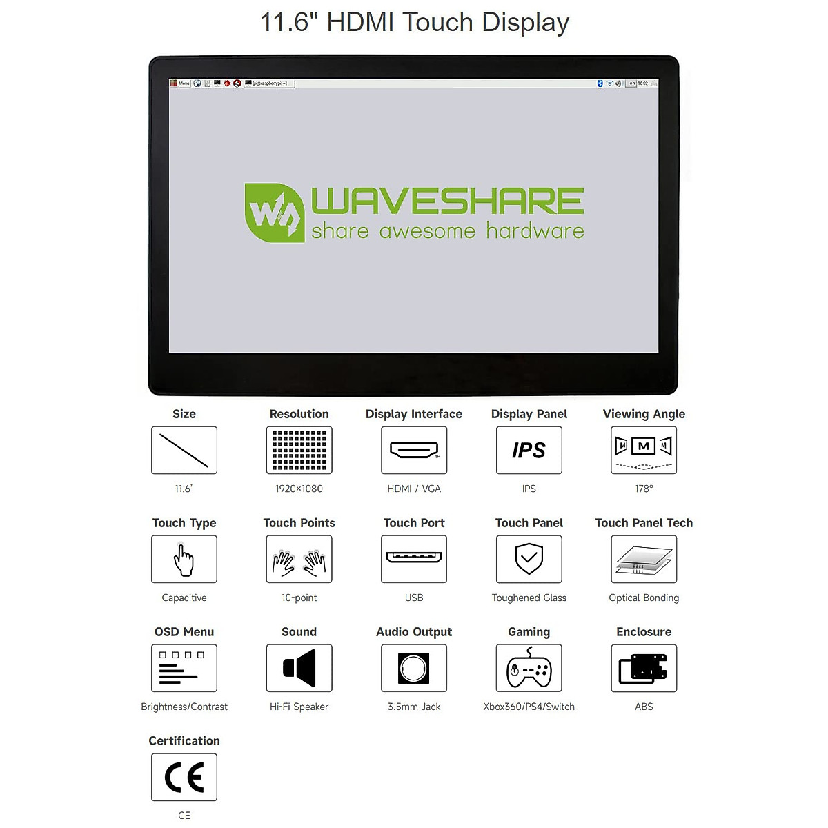 waveshare 11.6inch Capacitive Touch Screen LCD with Case Compatible with Raspberry Pi 4B/3B+/3A+/2B/B+/A+/Zero/Zero W/WH/Zero 2W CM3+/4 1920×1080 Resolution HDMI IPS Supports Jetson Nano/Windows
