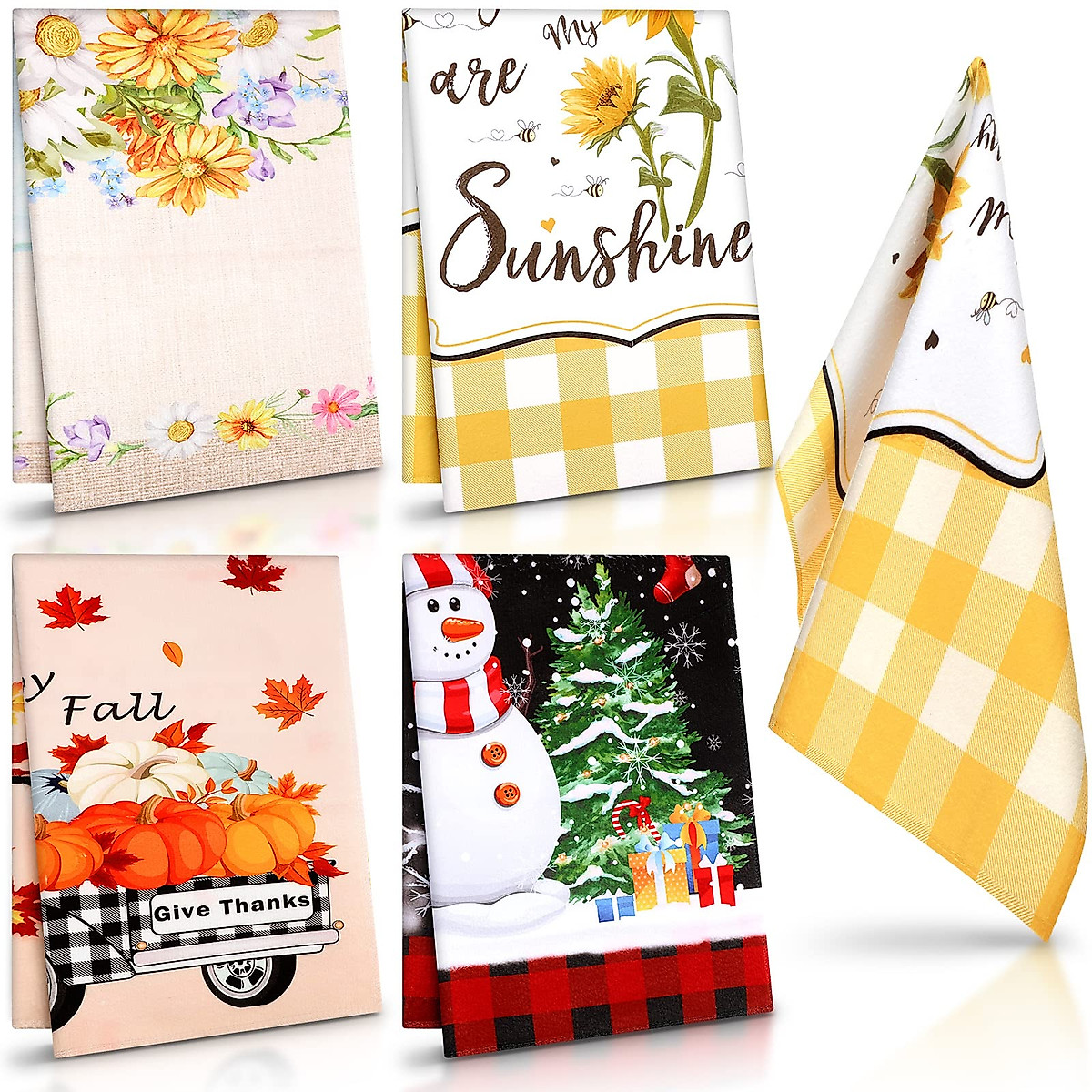 Batiyeer 4 Pcs Seasonal Holiday Kitchen Towels Valentine's Day Gifts for Woman Spring Daisy Sunflower Dish Towels Fall Snowman Towel for Holidays Harvest Thanksgiving Autumn Holiday Gift