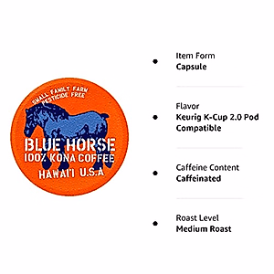 Farm-fresh: 100% Kona Coffee - Medium Roast - Compatible with K-Cup 2.0-10 Single Serve Pods - Blue Horse 100% Kona Coffee Arabica Beans from Hawaii