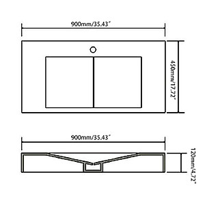 Weibath 35 Inch Wall-Mount Rectangular Floating Sink 35" Solid Surface Stone Resin Bathroom V-Shaped Sink (Glossy White)