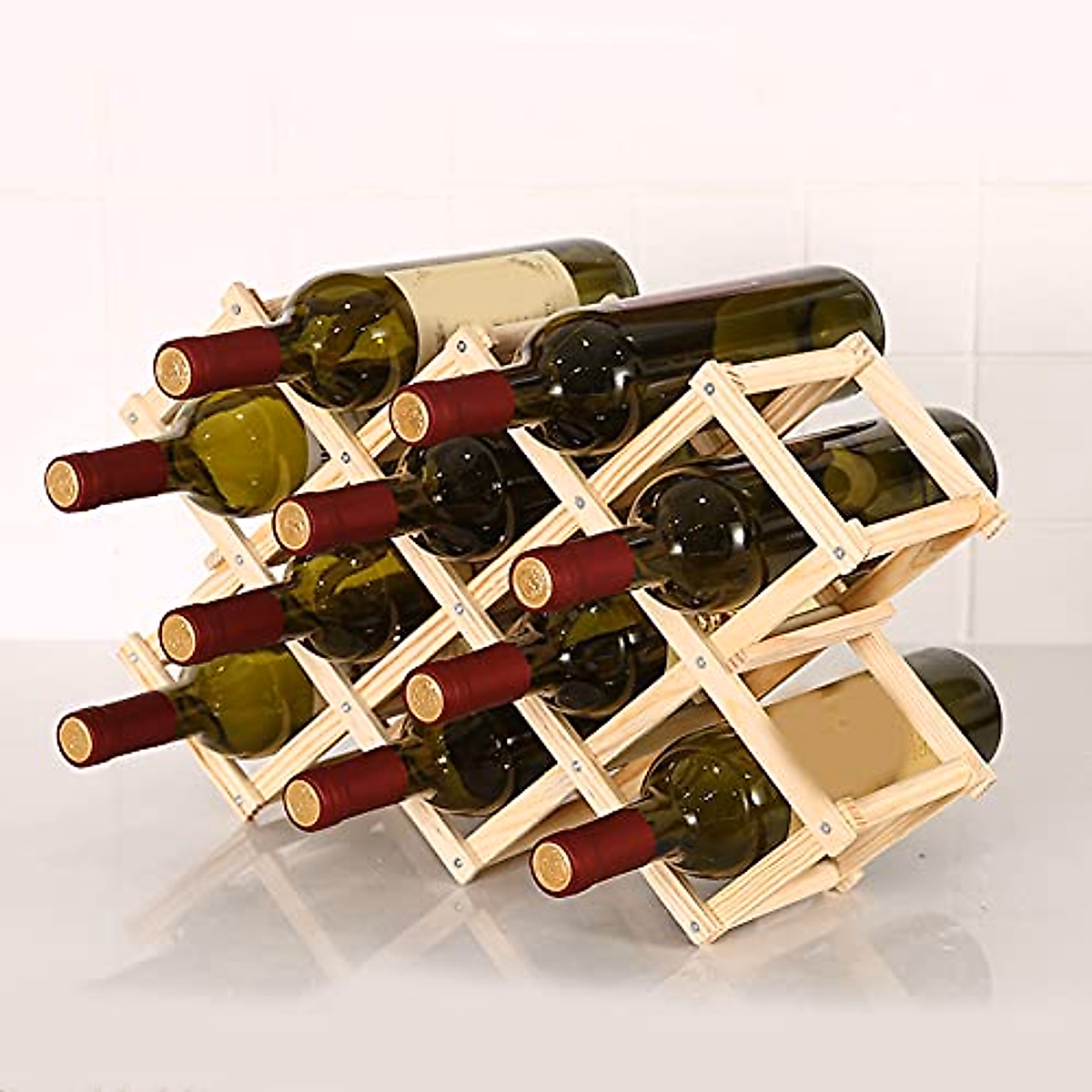 Famolay Wooden Wine Rack, 10 Bottle Free Standing Wine Storage Racks Countertop, Stackable Stand Foldable Tabletop Bottle Holder Cabinets Shelf for Cellar Pantry Home Kitchen Bar
