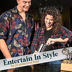 Deluxe Mixology Bartender Kit Bar Set | 14-Piece Martini Cocktail Shaker Set | Professional Barware Mixing Tools for Home Bartending | Bamboo Stand Recipe Cards | Gift Set for Him & Her (Silver Black)