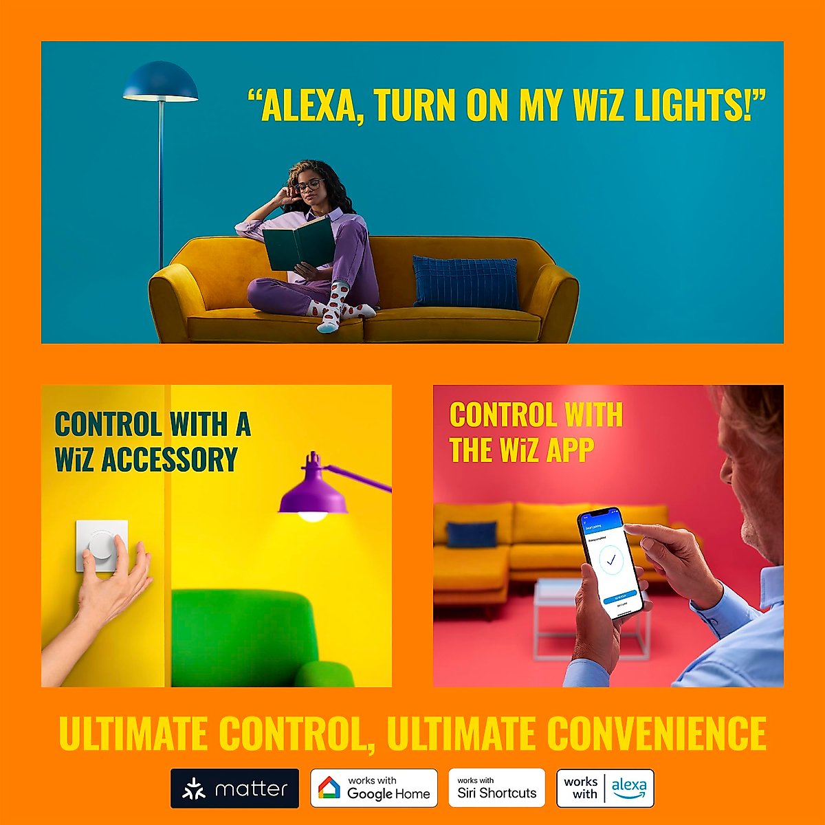 WiZ 65W BR30 Color LED Smart Bulb - Pack of 6 - E26- Indoor - Connects to Your Existing Wi-Fi - Control with Voice or App + Activate with Motion - Matter Compatible