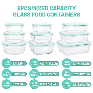 Moretoes 9pcs Glass Meal Prep Container, Glass Food Storage Containers with Lids, Meal Prep Lunch Boxes, Airtight, Glass, Leakproof Containers Set, Glass Food Storage Containers with Lids