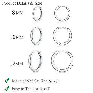 3 Pairs 925 Sterling Silver Hoop Earrings 14K White Gold Plated Small Silver Hoop Earrings for Women Huggie Cartilage Hoop Earrings for Women Men (8 10 12MM)