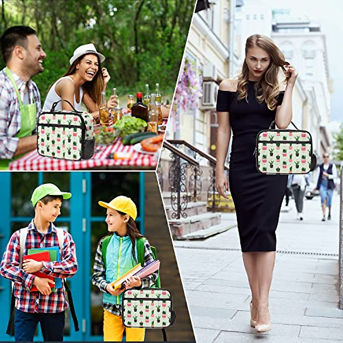 Insulated Lunch Bag for Kids, Leakproof Reusable Boys Girls Lunch Box Container with Detachable Buckled Handle, Durable Nylon Cooler Lunch Tote with Side Pocket for Work School Adult (Green Cactus)