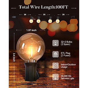 Lightdot 100Feet Outdoor String Lights for Patio, LED G40 Bistro Light 2700K with 34 Edison Shatterproof Bulbs(2 Spare), Commercial Waterproof Backyard Hanging Light for Backyard Party