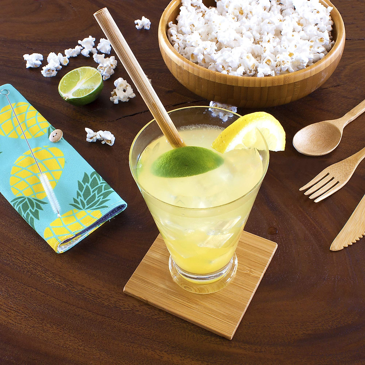 Totally Bamboo Take Along Reusable Bamboo Utensil Set with Straw, Dishwasher Safe, Pineapple Design