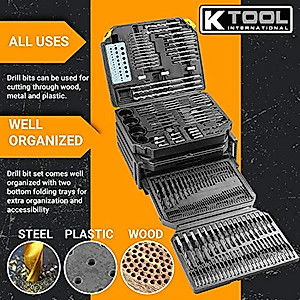 K Tool International 10330 Automotive Plastic/Steel/Wood Premium Drill Bit/Accessory Set for Garages, Repair Shops, and DIY, 16"x13"x9.5" Portable Carrying Case, (2) Folding Trays, Black, 326 Piece