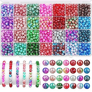 1000PCS Glass Beads for Jewelry Making Kit, 6mm Crystal Pattern Bead Stone Beaded, 28 Colors Bracelet Making Kit Loose Round Crackle Gemstone Beads for Men Women DIY Craft Necklace Earring Bracelet