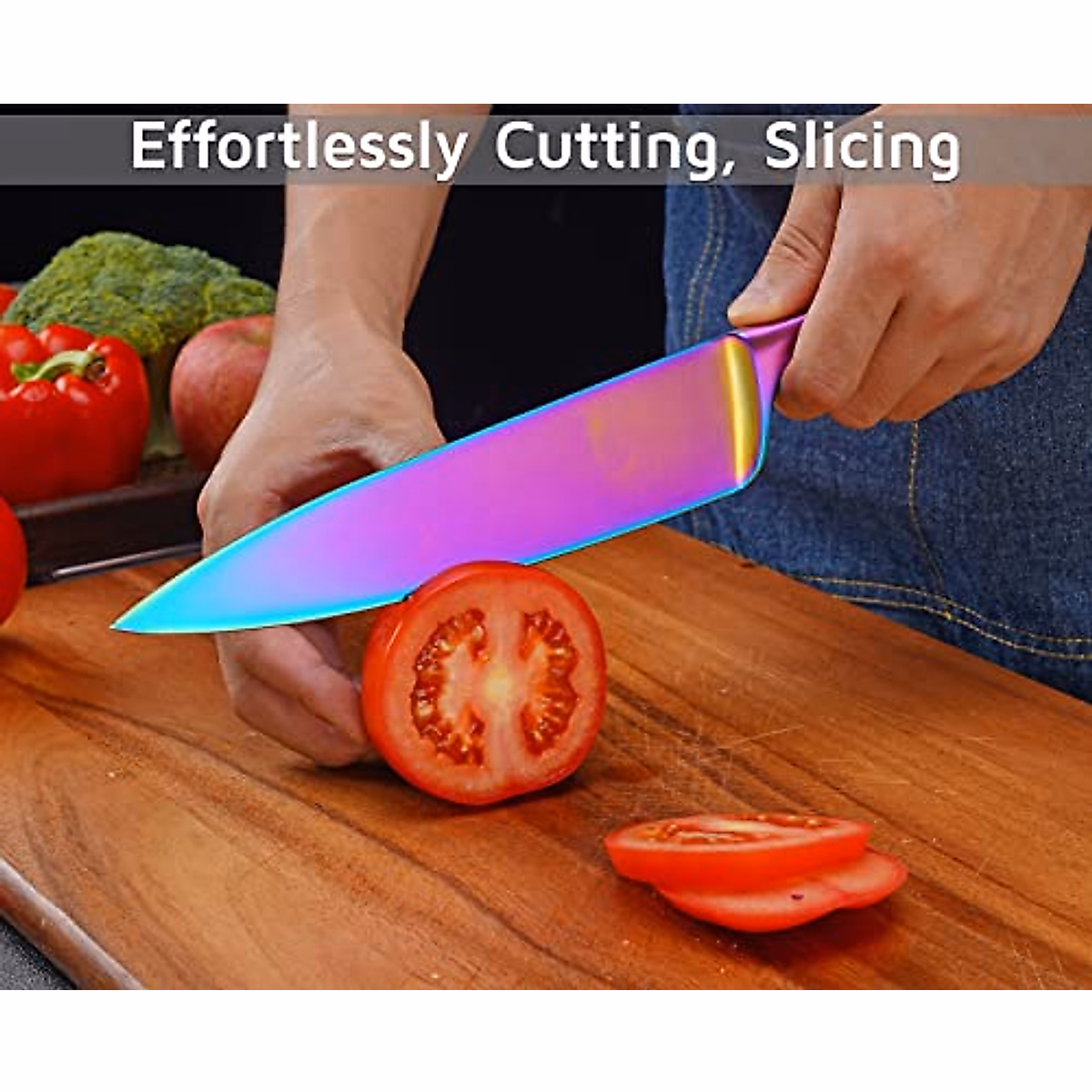 WELLSTAR Kitchen Knife Set 5 Piece, Razor Sharp German Stainless Steel Blade and Comfortable Handle with Rainbow Titanium Coated, Chef Carving Bread Utility Paring for Cutting and Peeling, Gift Box