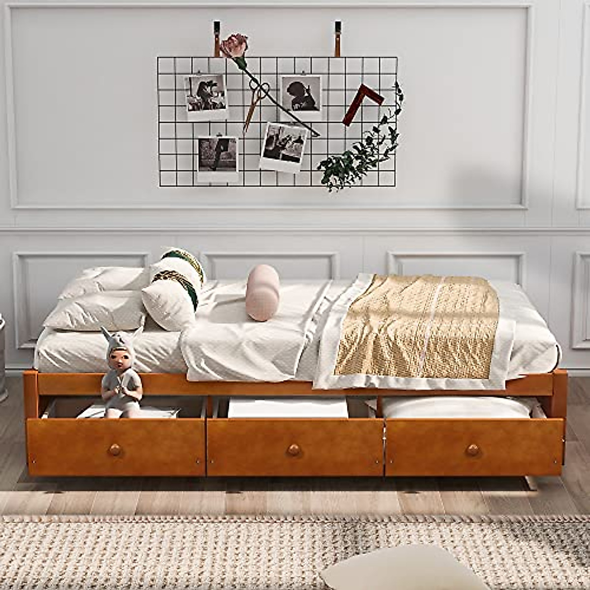 Twin Size Bed with 3 Storage Drawers, Solid Wooden Twin Platform Bed with Support Slats, Twin Bed Frame for Kids Teens, No Box Spring Needed (Twin, Oak)