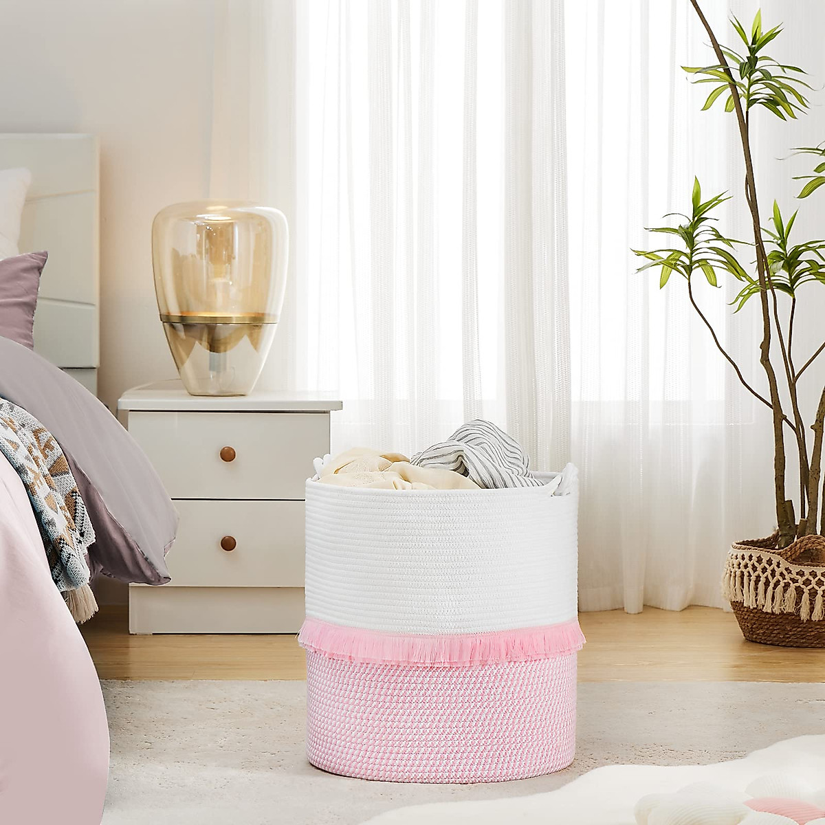 YOUDENOVA Woven Storage Basket, Baby Hamper for Nursery Girl, Pink Decorative Basket with Cute Knot Handles & Tassel, Boho Laundry Hamper for Baby Toys, Plants, Living Room, Bedroom, 16"×17"
