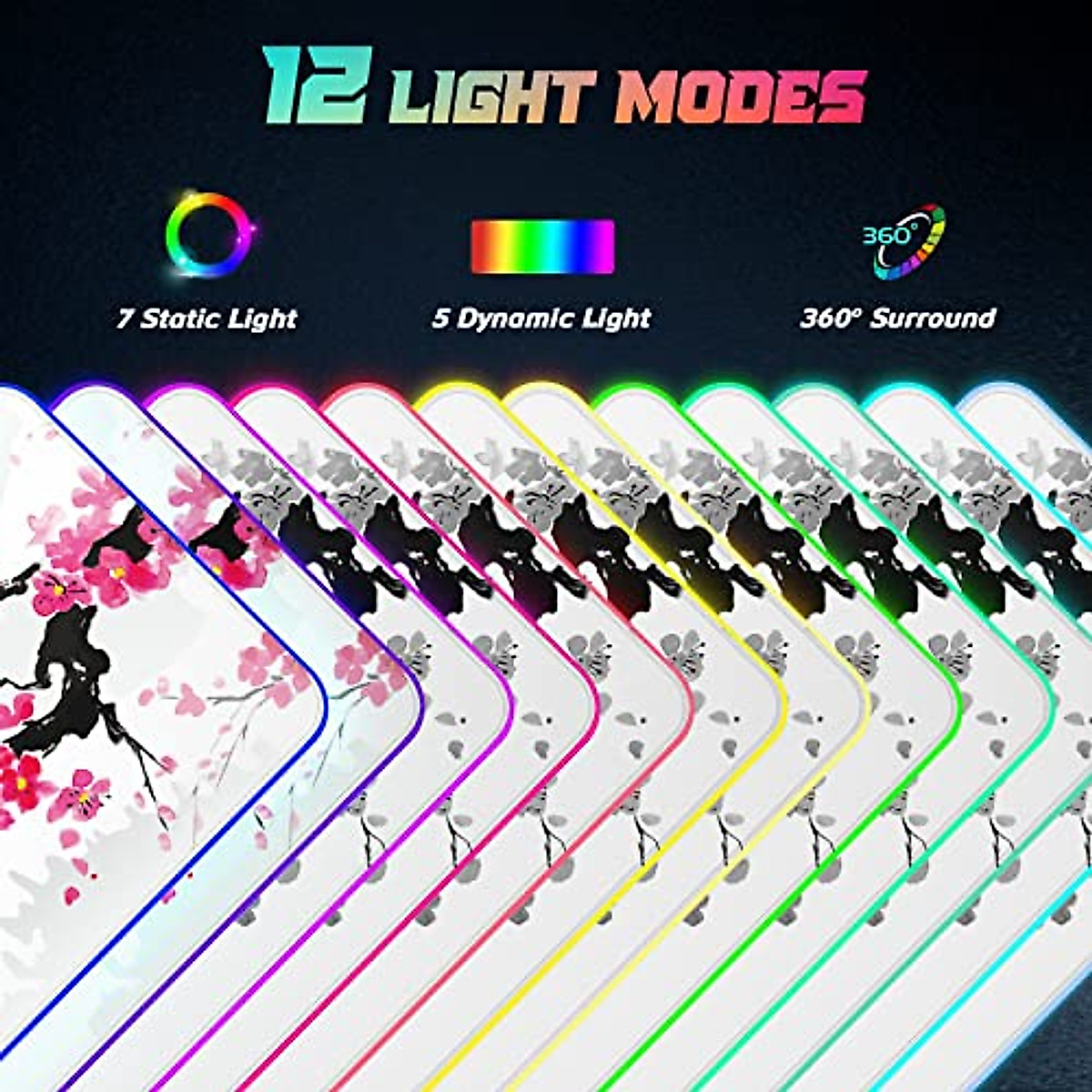 ITNRSIIET RGB Gaming Mouse Pad, Full Desk XL Extended Large Gaming Mousepad, 12 Lighting Modes 30% Thicker Big LED Desk Mat for Gamers, 32 x 12 inches, Japanese Mount Fuji Sakura