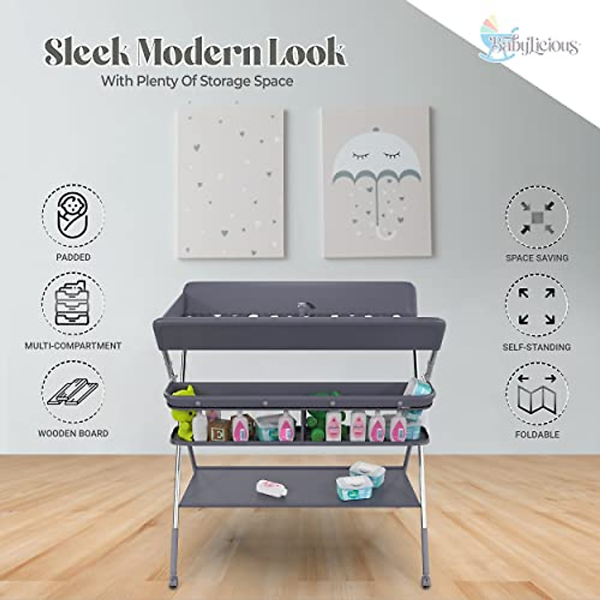 Babylicious Baby Portable Changing Table - Foldable Changing Table with Wheels - Portable Diaper Changing Station - Adjustable Height Baby Changing Table-Safety Belt and Large Storage Rack for Infants