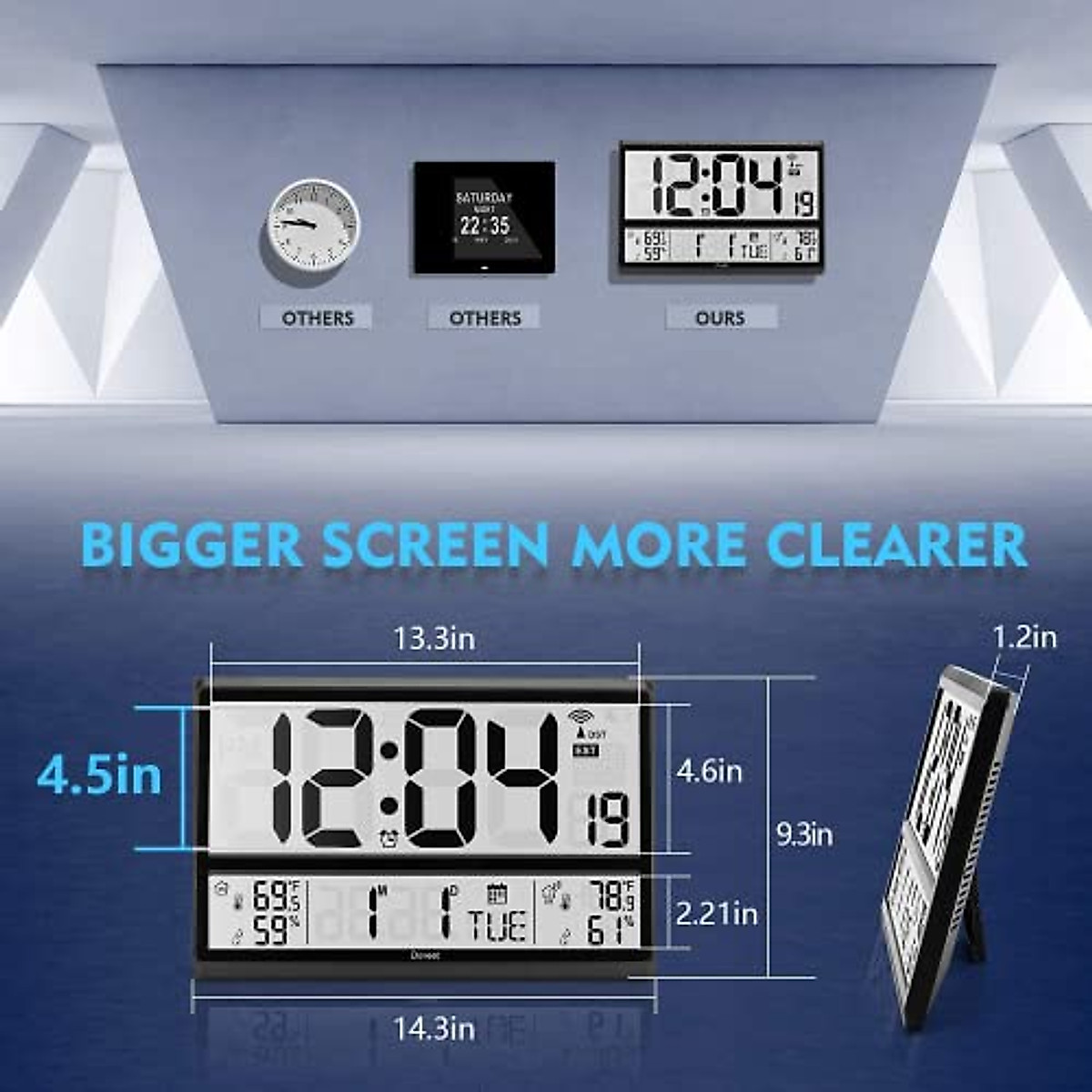 Atomic Clock DOVEET-Digital Wall Clock Never Needs Setting/ Easy to Read/Easy Set Up/Indoor Outdoor Temperature-Wireless Outdoor Sensor Battery Powered(4.5" Numbers)