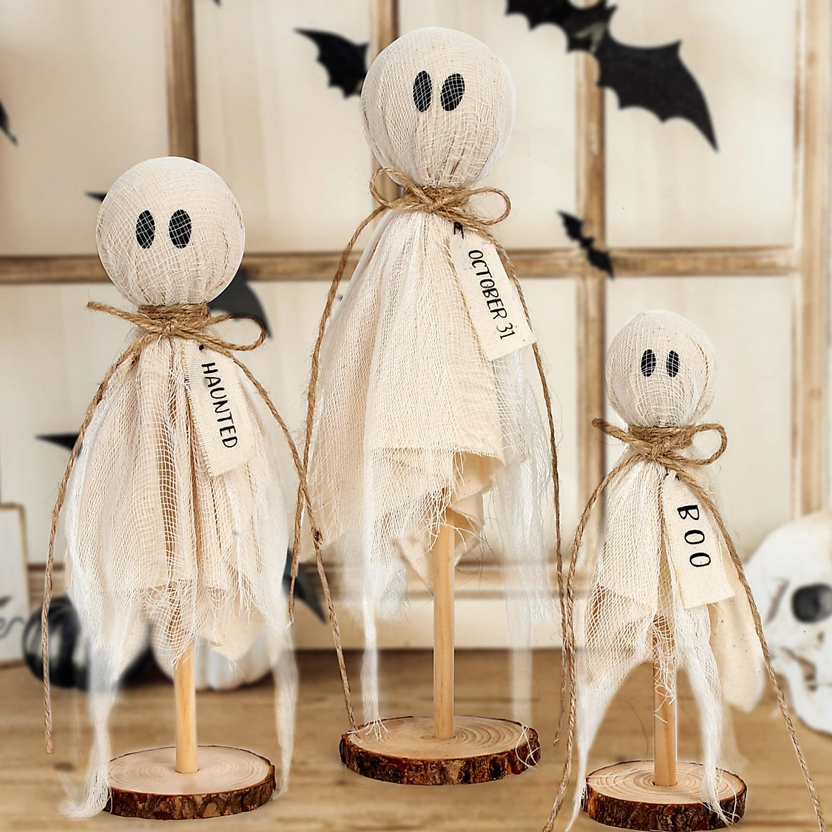 DAZONGE Halloween Decorations Indoor - Set of 3 Primitive Halloween Ghosts on Wooden Stand for Table Centerpieces, Shelves, and Mantels - Spooky Halloween Decor
