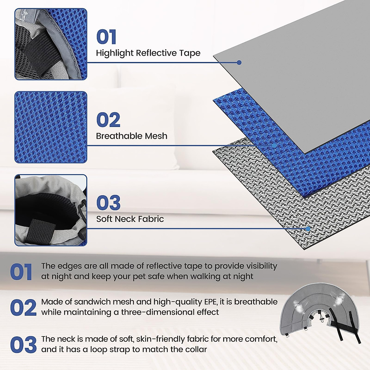 PETTOM Soft Dog Cone Collar, Adjustable Dog Recovery Cone Collar, Reflective Bands Breathable Elizabethan Collar for Large Medium Small Dogs Anti-Bite Anti-Lick Protective Wound (L)