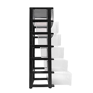 LINISHOP 6-Tier Rolling Storage Cart Rectangle Rolling Storage Cabinet Organizer Books Documents Storage Foldable Drawer Shelves Unit Rack with 4 Wheels for Home Office PP 19.7*13*43in (Black+Clear)