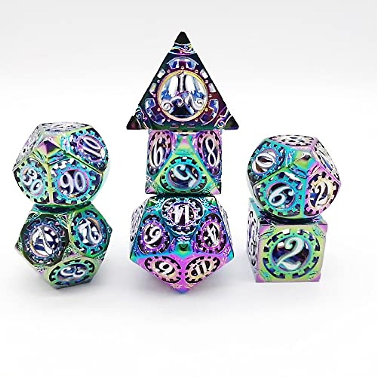 7-Piece Crafted Hollow Metal Dice Set - Chrome - Steampunk Gears - D&D - Dungeons and Dragons - D4 D6 D8 D10 D20 - Durable Bronze!!!