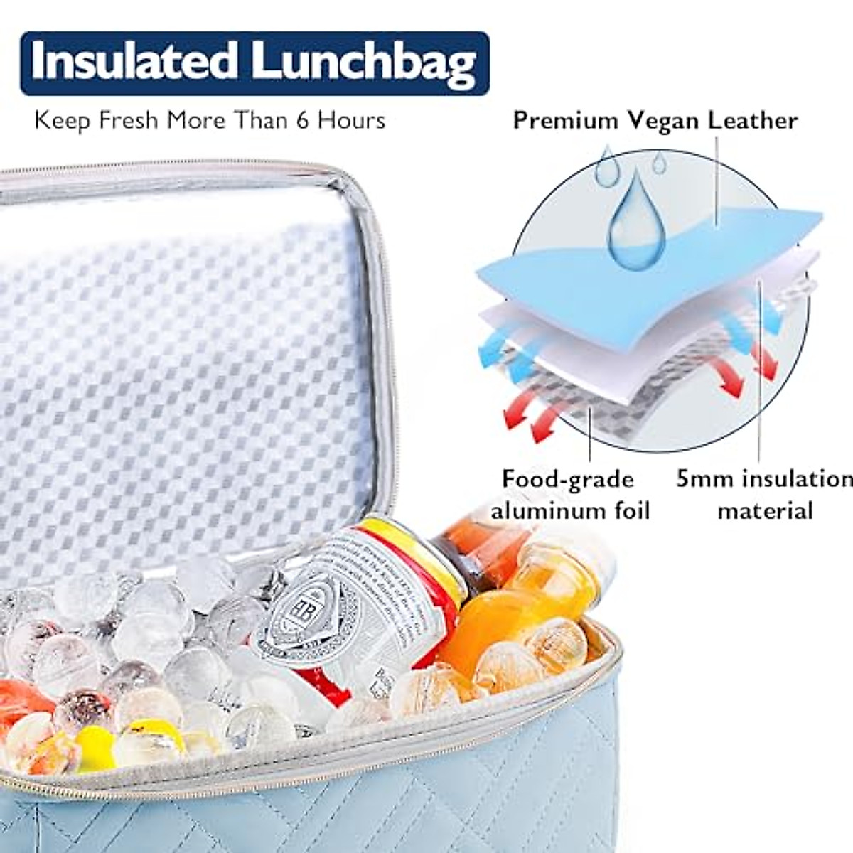 GLORIEROO Large Lunch Bag Women - 2 Tier Vegan Leather Insulated Leakproof Waterproof Lunch Box Cooler with Removable Strap for Work Travel Picnics Teacher Mothers Day Christmas Gifts for Women