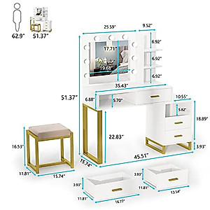 PAKASEPT Vanity Set with Lighted Mirror, Large Desk Makeup Dressing Table 9 LED Lights, 5 Drawers, Storage Shelves&Cushioned Stool for Bedroom, White, 45.51''L * 15.74''W * 51.37 ''H