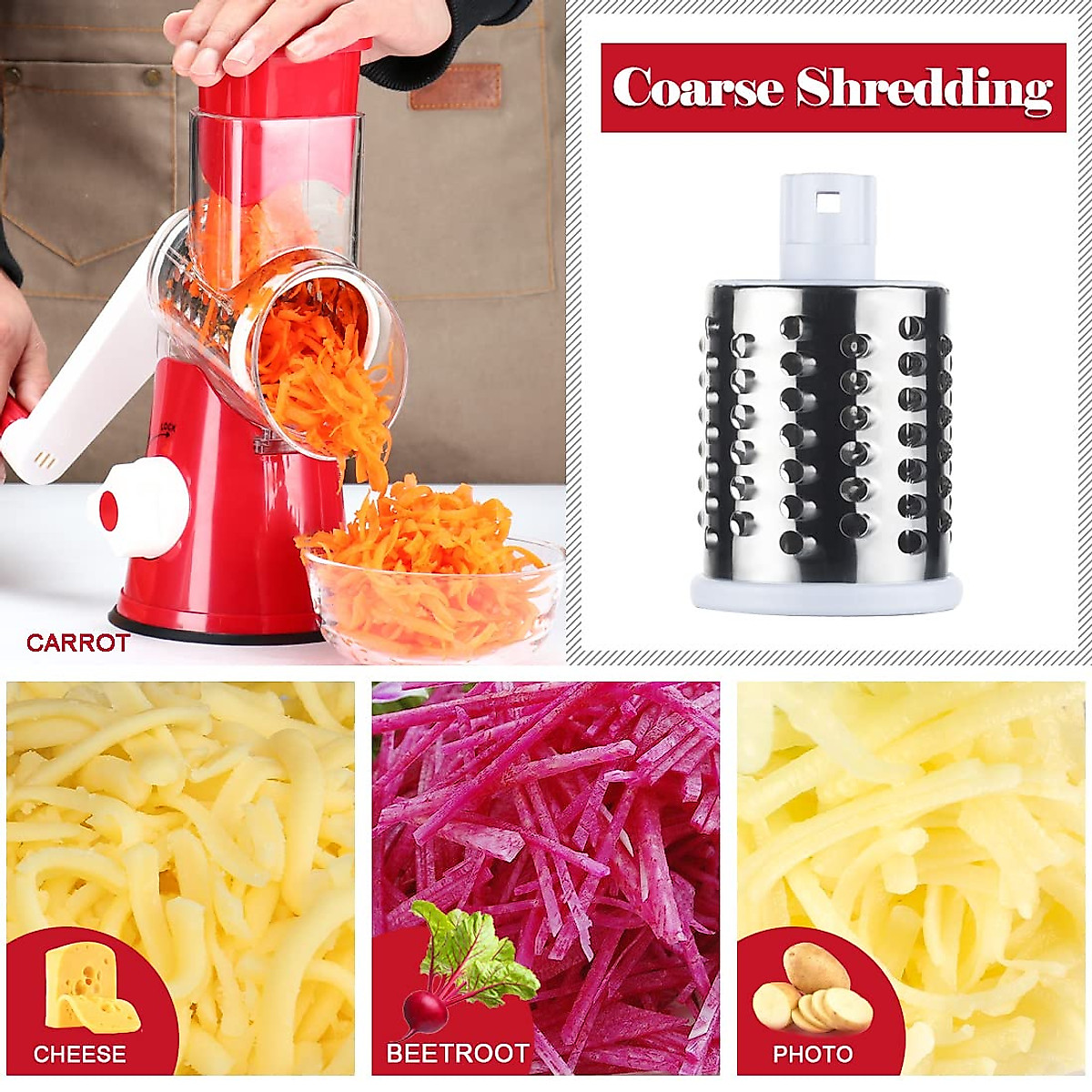 Ourokhome Rotary Cheese Grater Hand Crank, Kitchen Shredder Speed Mandolin Slicer Nut Grinder with Handle and Drum Blades for Cheese, Vegetable, Walnut, Chocolate, Potato, Carrot, 3 Blades, Red
