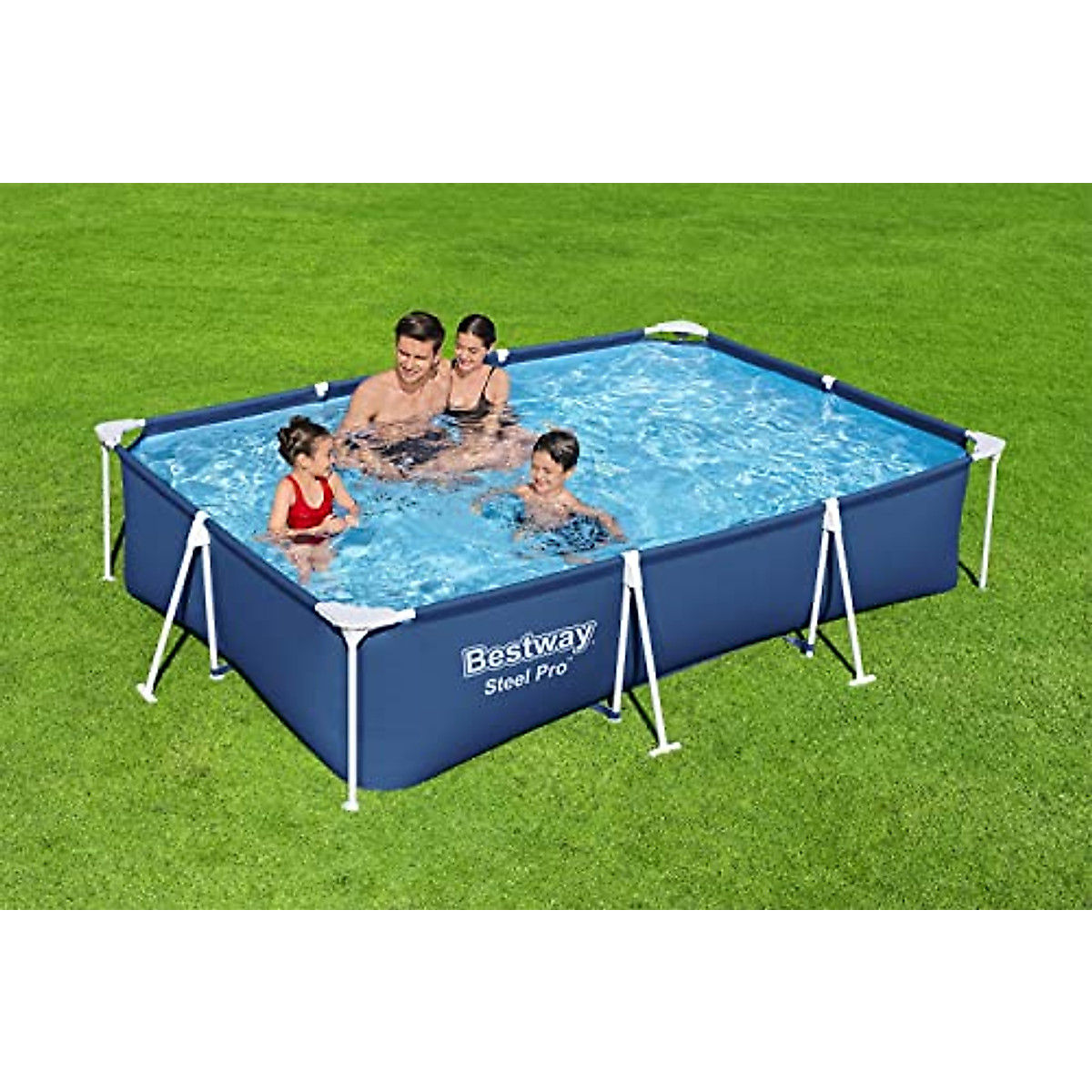 Bestway Steel Pro 118 Inch x 79 Inch x 26 Inch Rectangular Metal Frame Above Ground Outdoor Backyard Swimming Pool, Blue (Pool Only)