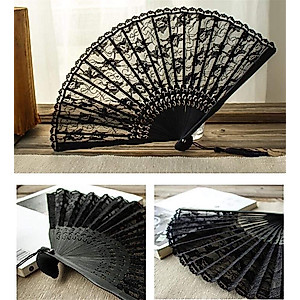 RAN 8.7" Lace Floral Folding Hand Fans - Womens Handmade Black Imitated Silk Fabric Lace Hand Fan, Bamboo Folded Fans (Color : Black, Size : 8.7")