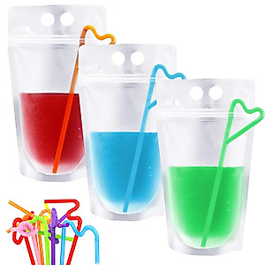Lainrrew 50 Pcs Drink Pouches with 50 Pcs Straws, Freezable Juice Pouches Bags Reclosable Zipper Plastic Smoothie Bags Heavy Duty Hand-Held Translucent Ice Drink Pouches Bag for Cold & Hot Drinks