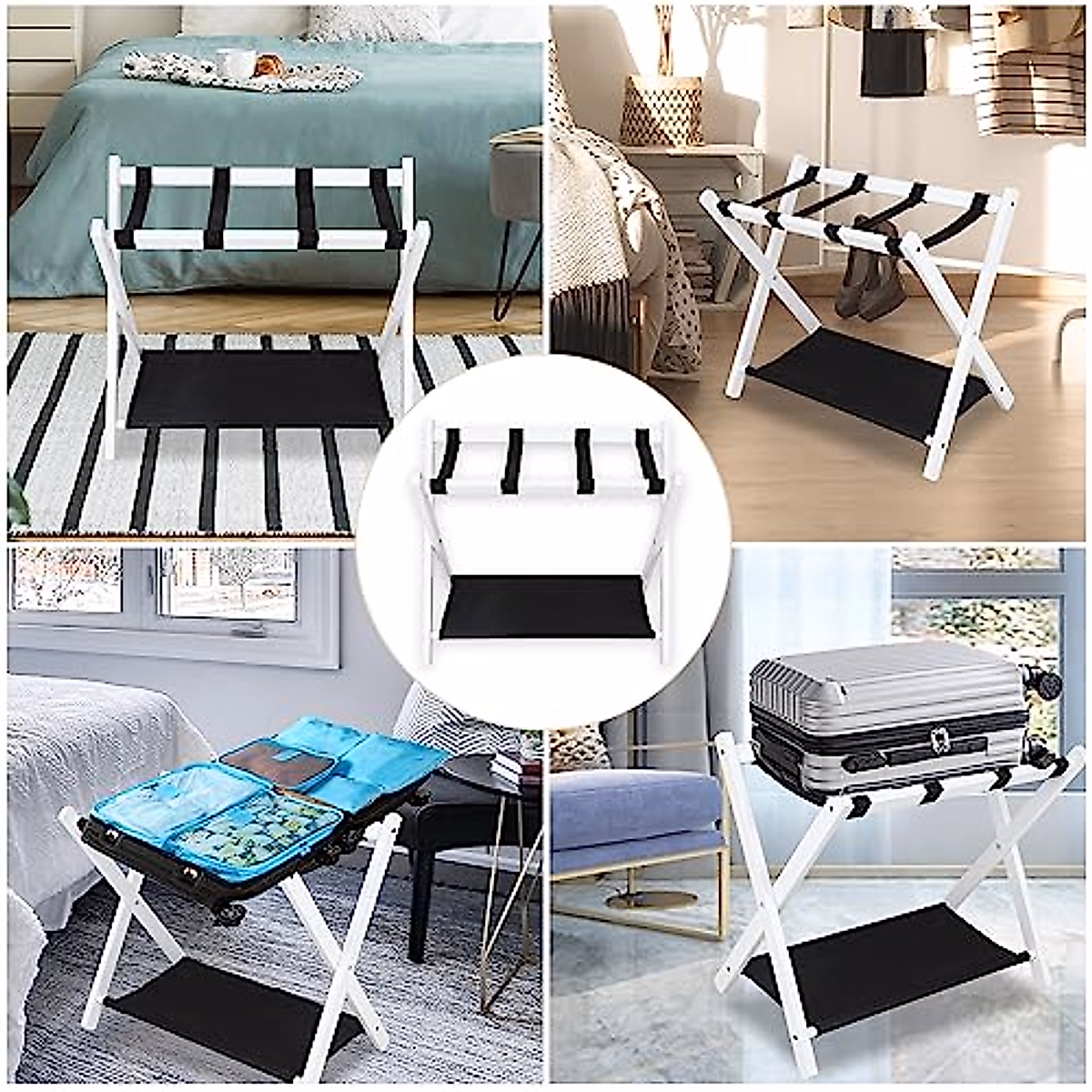 Luggage Rack 4 Pack, Luggage Racks with Heavy Duty Nylon Belts, Folding Space saving Luggage Stand, Wood Suitcase Holder Shelf For Bedroom, Luggage Racks with Nylon Shoe Rack, White