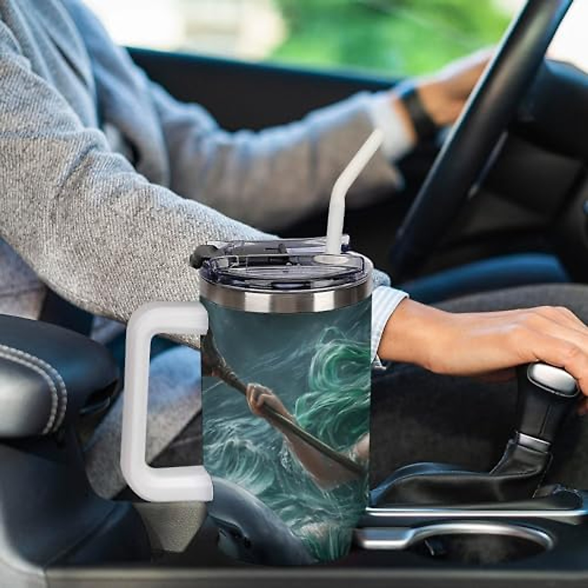 Ocean Goddess Dolphins Greek Myth 40oz Water Bottle Double Wall Insulated Tumbler with Handle Leakproof Travel Mug White-style