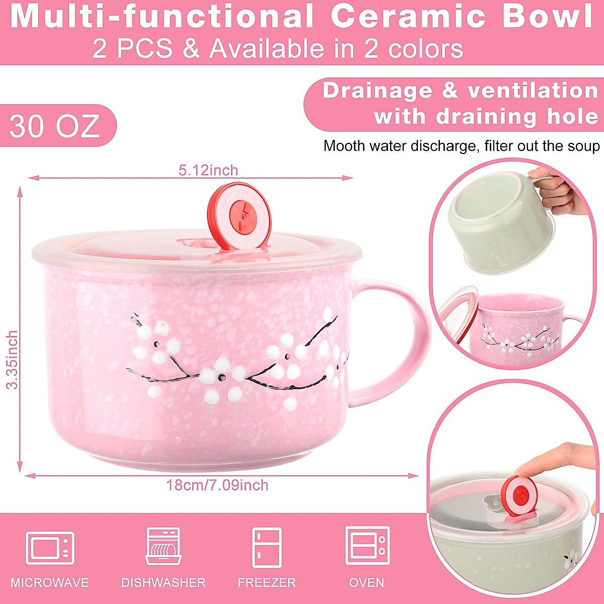 SEEWEY 2 Pcs Floral Ceramic Bowl with Lid and Handle 30 oz Soup Bowls Heat Preservation Instant Noodles Mug Soup Cup Microwavable Bowls for Ramen Noodle Cereal Travel