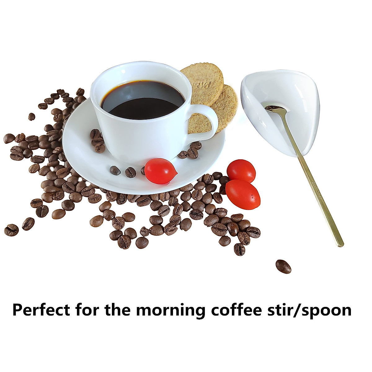 Coffee Spoon Rest, Mini Coffee Spoon Holder, Small Ceramic Spoon Rest for Coffee Stirrers, Teaspoon, Bar Spoon, Coffee Bar Accessories, Coffee Station (Ture white+Gold Spoon)