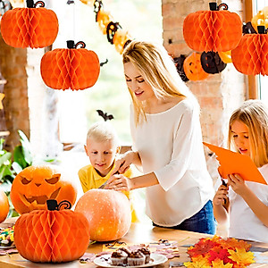 WILLBOND 5 Pieces Fall Tissue Paper Pumpkin and 200 Pieces Autumn Maple Leaves Fall Artificial Pumpkin Honeycomb Maple Leaves for Halloween Thanksgiving Fall Festival Holiday Party Favor