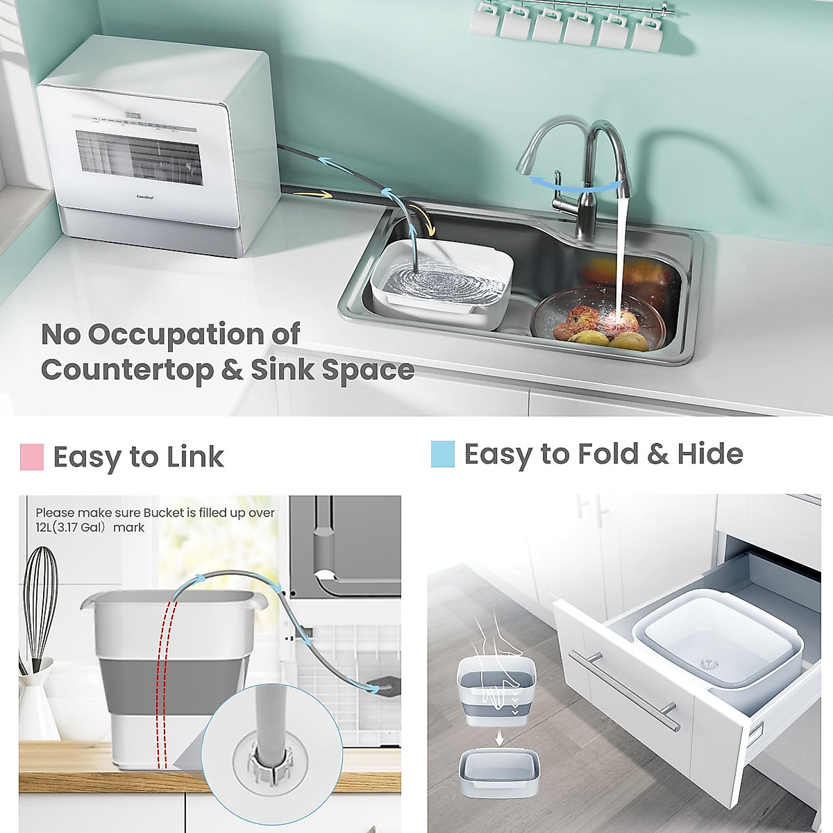 COMFEE' Portable Dishwasher, Countertop Dishwasher with 3 Place Settings, Mini Dishwasher with More Space Inside, 6 Programs, Auto-Open Drying, Touch Control, White
