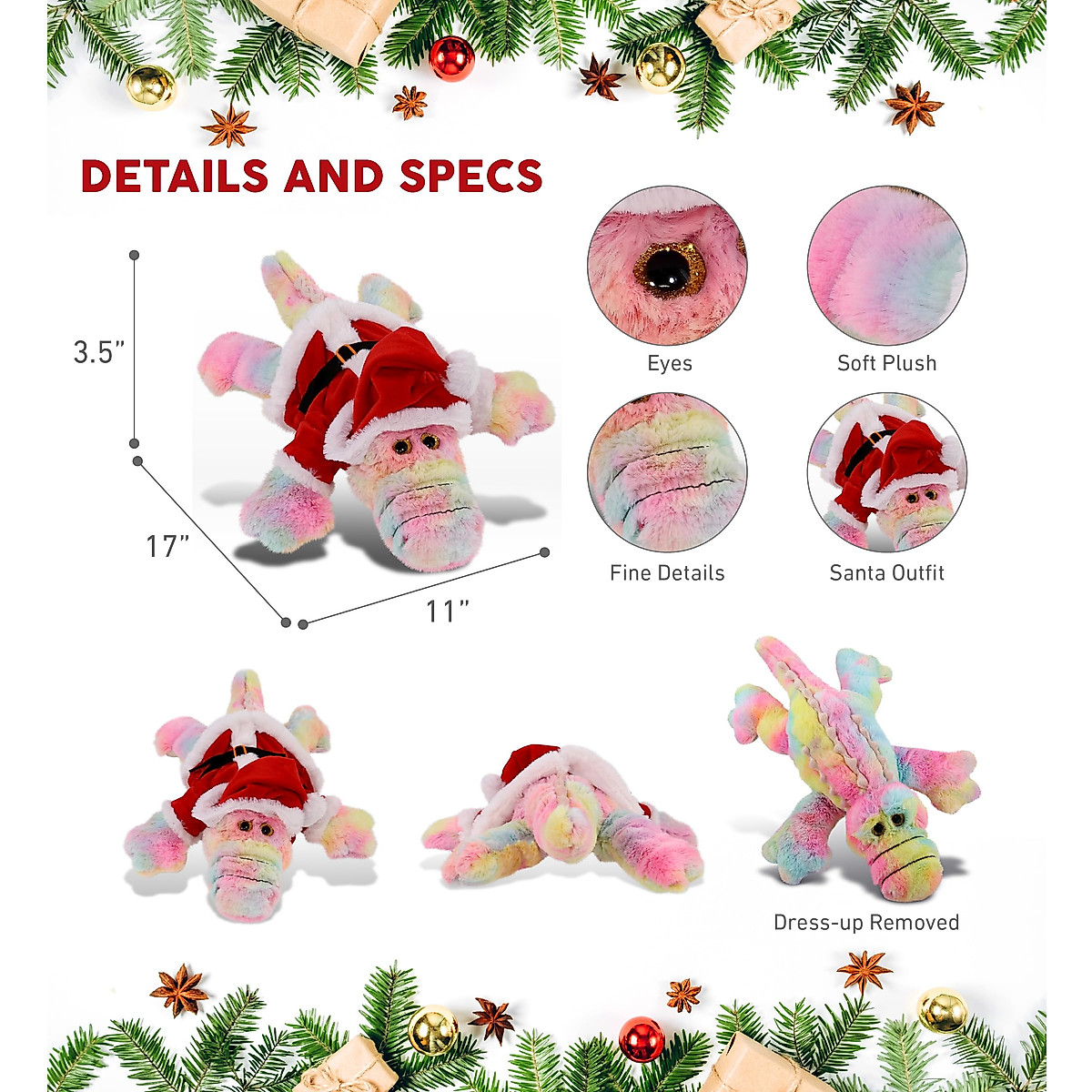 DolliBu Santa Rainbow Large Alligator Stuffed Animal Plush Toy - Wild Animal Dress Up with Red Santa Claus Outfit, Wildlife Gift, Perfect Holiday with Name Personalization - 17 Inches