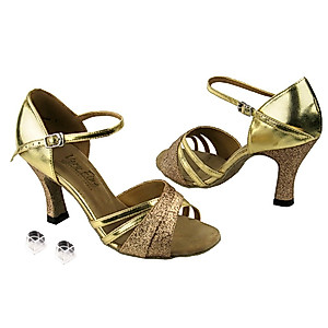 Very Fine Ladies Women Ballroom Dance Shoes EK6030 Gold Stardust & Gold Leather 2.5" Heel (8.5M)
