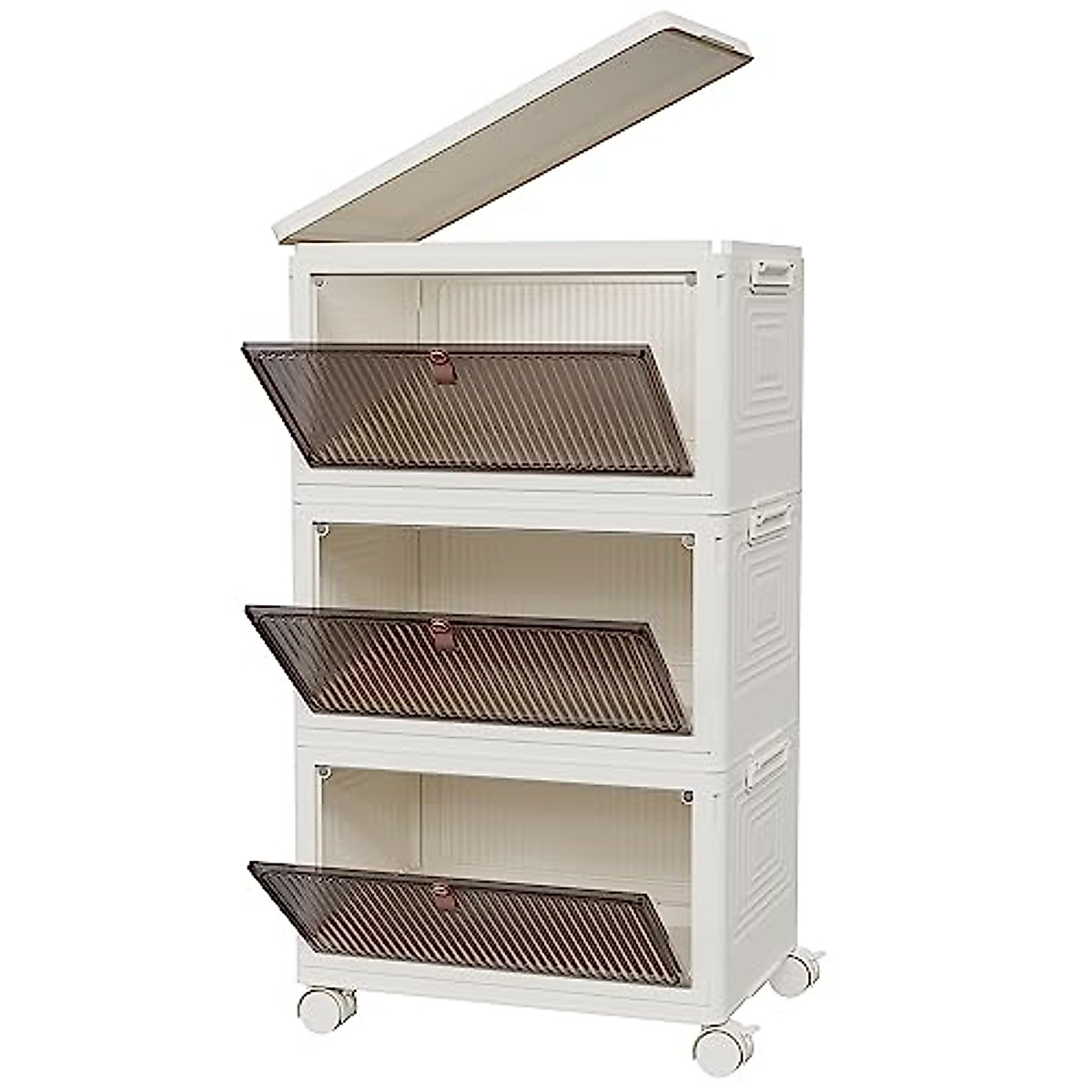 Waissdea Storage Bins with Lids 23Qt, 3 Packs Stackable Storage Bins with Wheels, Magnetic Door, Leather Handle, Plastic Storage Containers for Bedroom, Living Room, Kitchen, Bathroo