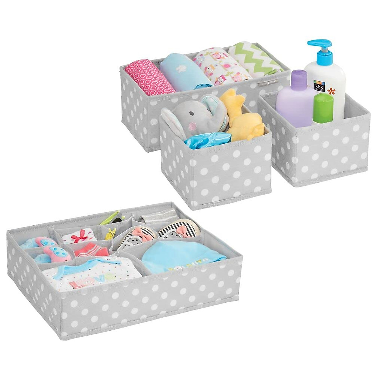 mDesign Soft Fabric Dresser Drawer and Closet Storage Organizer for Child/Kids Room, Nursery - 4 Piece Set - Polka Dot Print - Gray/White