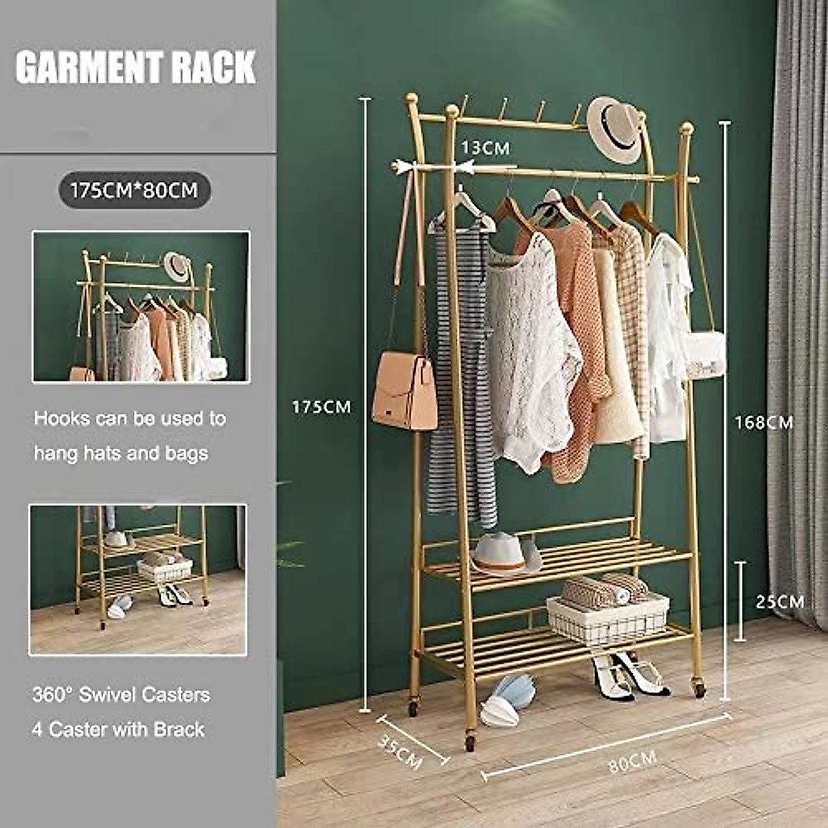 HEONITURE Gold Clothing Rack with Shelves, Rolling Garment Rack for Hanging Clothes, Heavy Duty Choset Clothes Rack for Indoor Bedroom Sturdy Steel Frame（31.5"）