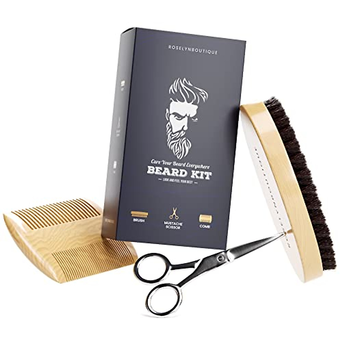 Beard Kit Brush Comb Scissors with Storage Bag Beard Growth Care Gifts for Men(Beard Brush Set)