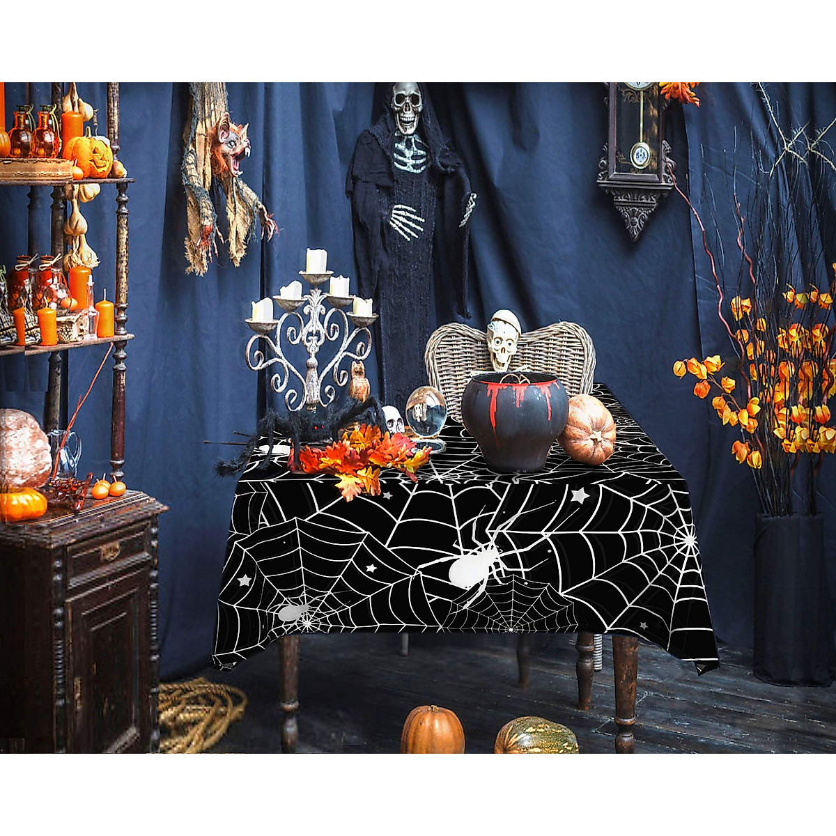 60 Inch Round Polyester Tablecloth, Halloween Black Spider Web Table Cloth, Spillproof Washable Polyester Table Cover - Perfect for Halloween Party Decorations