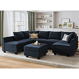 HONBAY Convertible Sectional Sofa Modular Couch with Reversible Chaise Velvet U Shaped Couch Sleeper Sectional Sofa Set with Storage Ottoman, Dark Blue