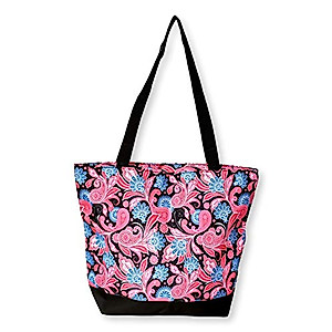 Women Teen Fashion Print Lined Top Zipper Tote Bag Handbag with Lined Interior - Can be Personalized (Black Trim Pink Paisley)