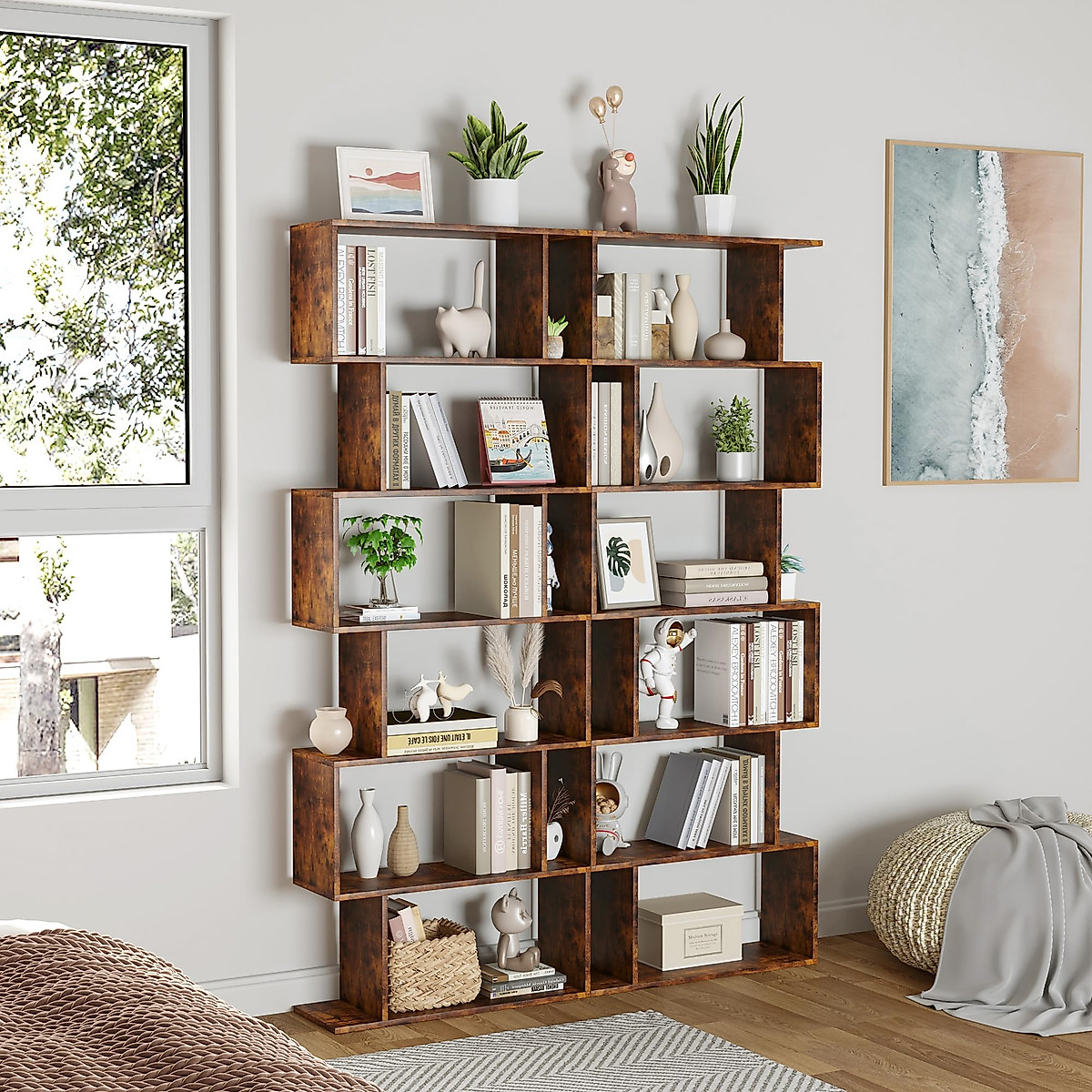 Yusong Geometric Bookcase, Bookshelf 6-Tier S Shaped Book Shelves for Bedroom, Modern Wood Decorative Display Shelf Tall Book Case for Home Office, Rustic Brown