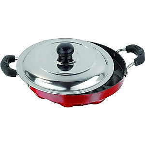 KASHVIYA Heavy 12 Cavities Non Stick Appam Patra With Stainless Lid,Red (Paniyarrakal/Paniyaram/Appam Pan/Maker/Pan Cake Maker), Aluminium (Large Black)(Gas Compatible)